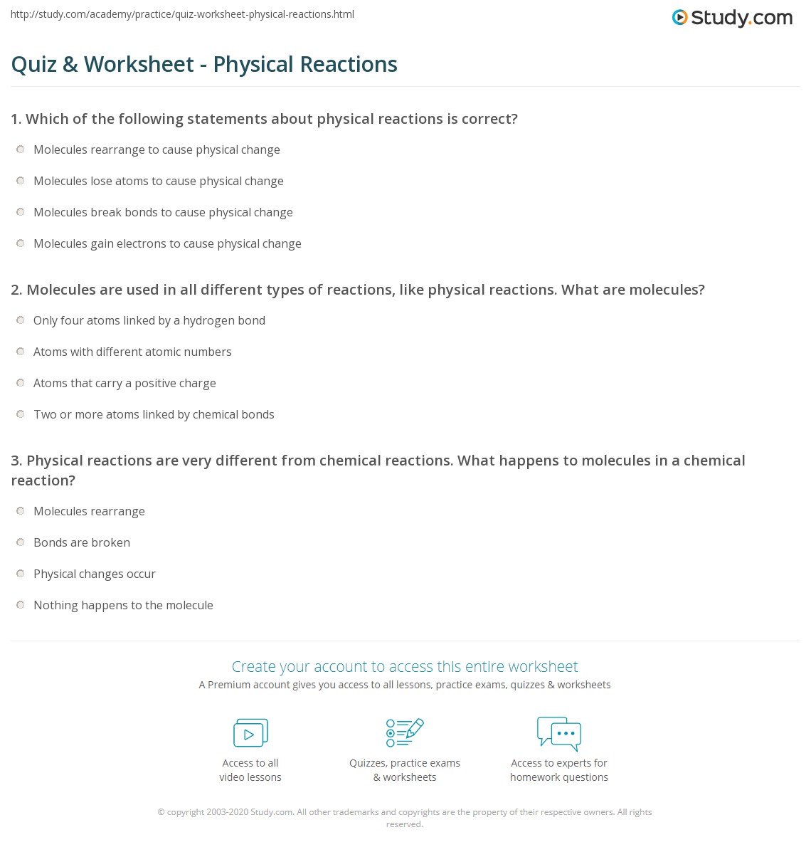 Quiz & Worksheet - Physical Reactions | Study.com