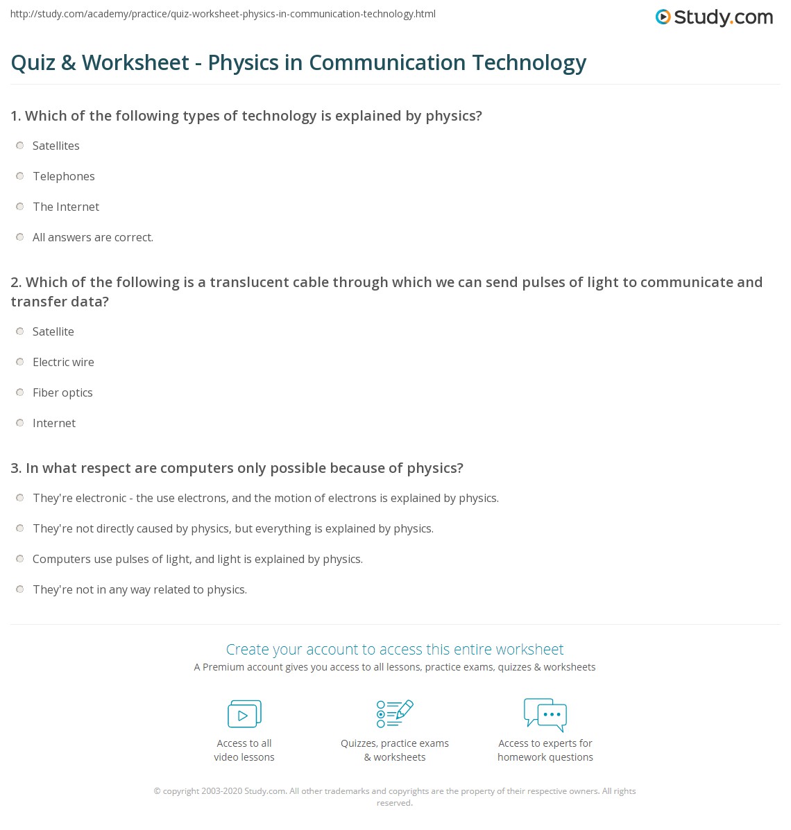 Quiz & Worksheet - Physics in Communication Technology | Study.com