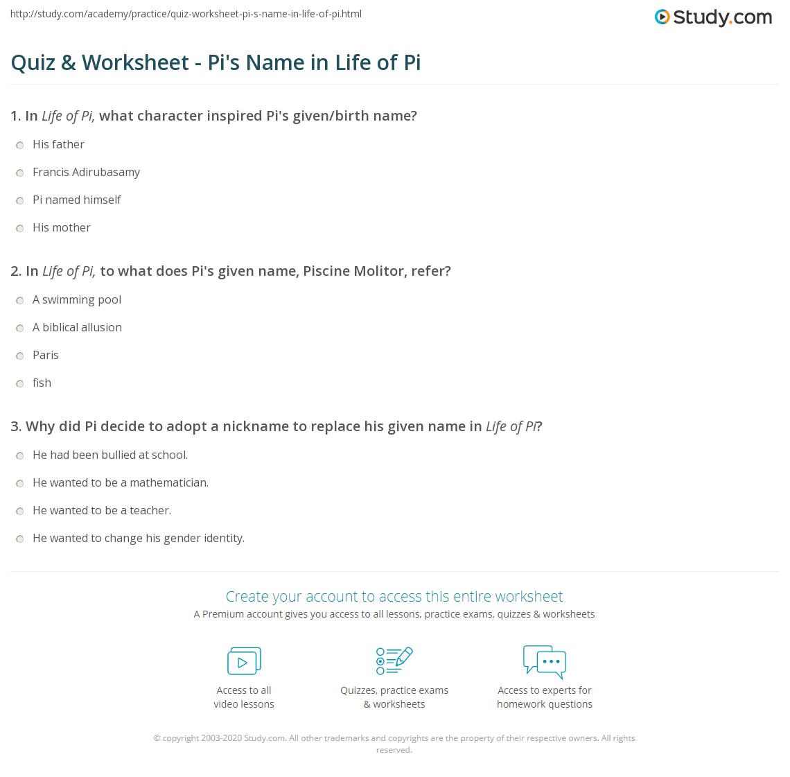 Quiz & Worksheet - Pi's Name in Life of Pi | Study.com