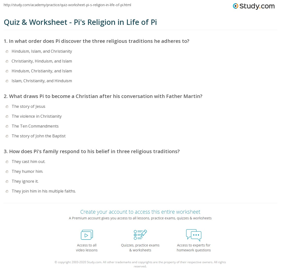 Quiz & Worksheet - Pi's Religion in Life of Pi | Study.com