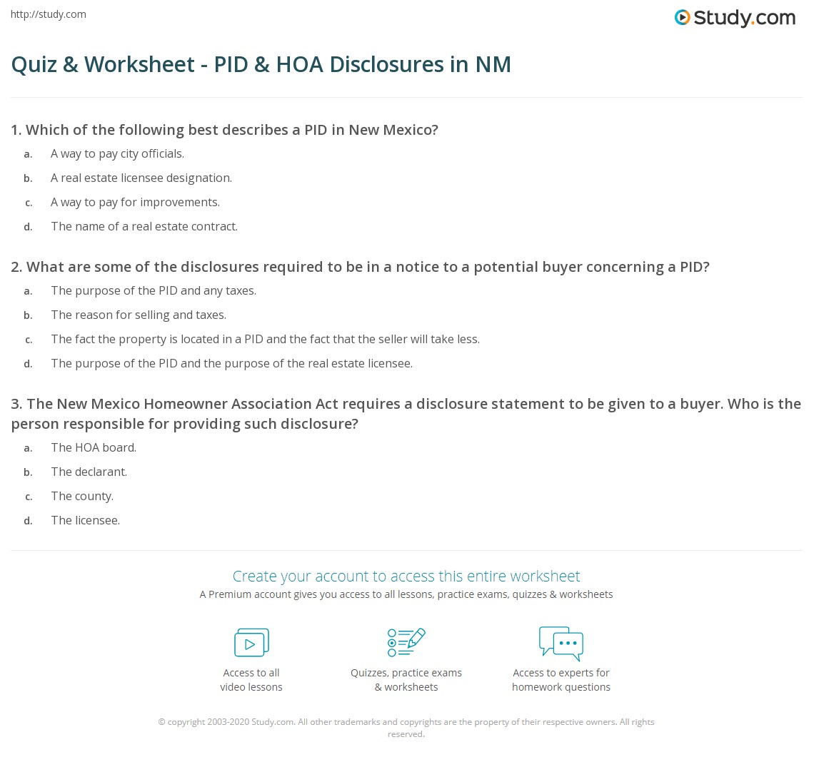 Quiz & Worksheet - PID & HOA Disclosures in NM | Study.com