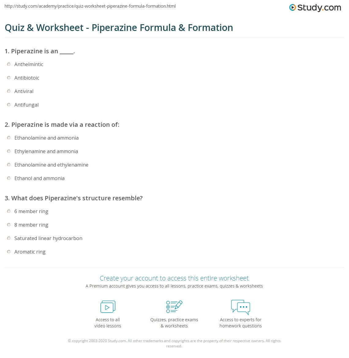 Quiz & Worksheet - Piperazine Formula & Formation | Study.com
