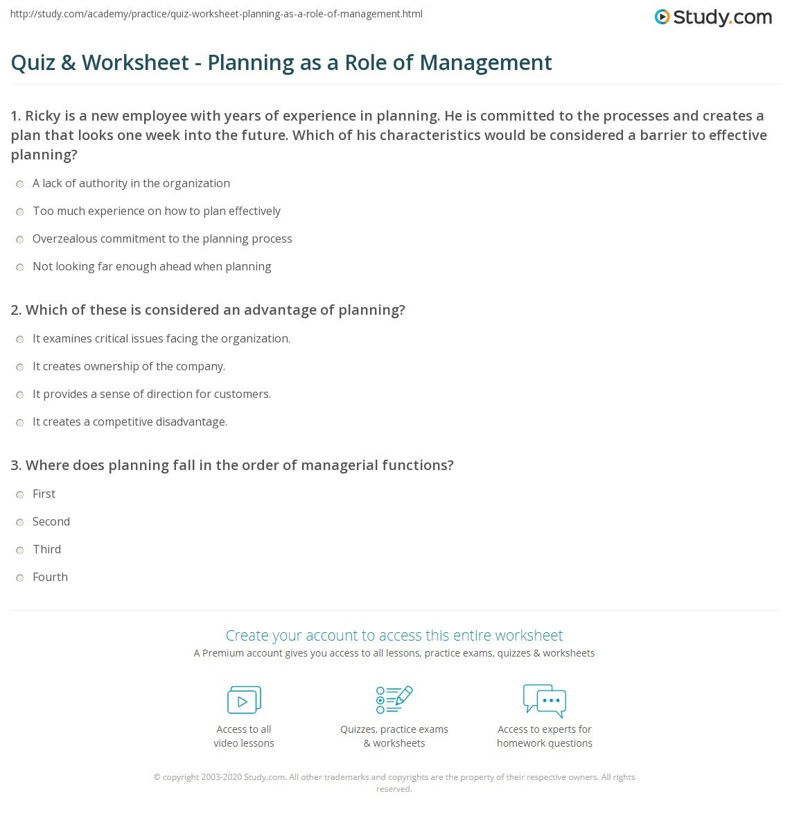 Quiz & Worksheet - Planning as a Role of Management | Study.com