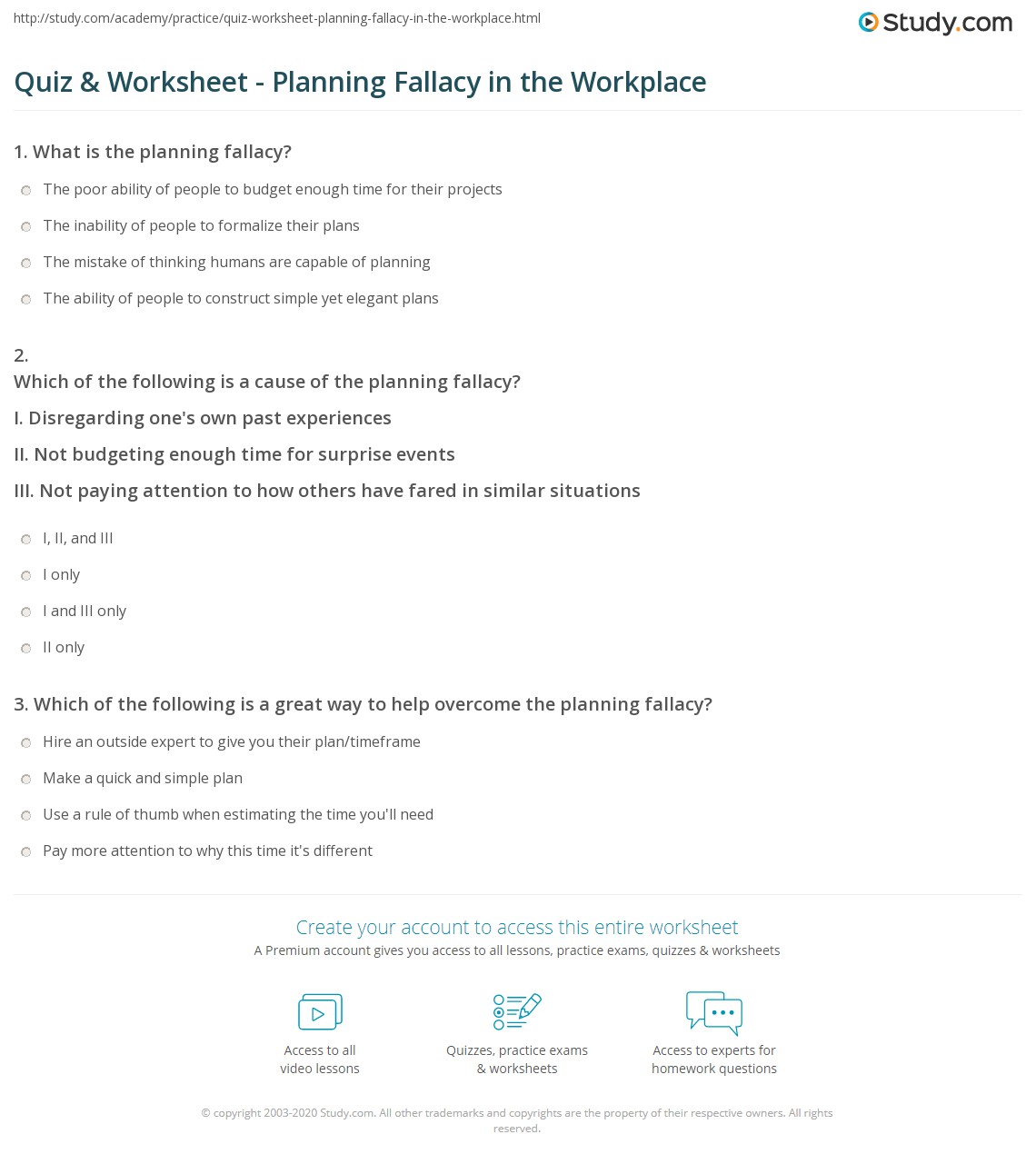 Quiz & Worksheet - Planning Fallacy in the Workplace | Study.com