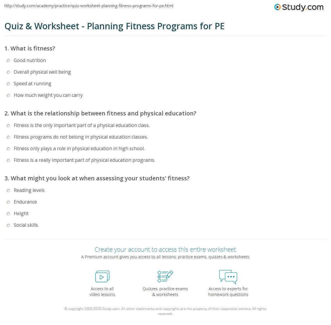 Quiz & Worksheet - Planning Fitness Programs for PE | Study.com