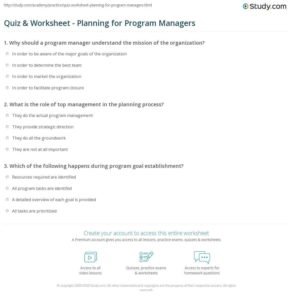 Quiz & Worksheet - Planning for Program Managers | Study.com