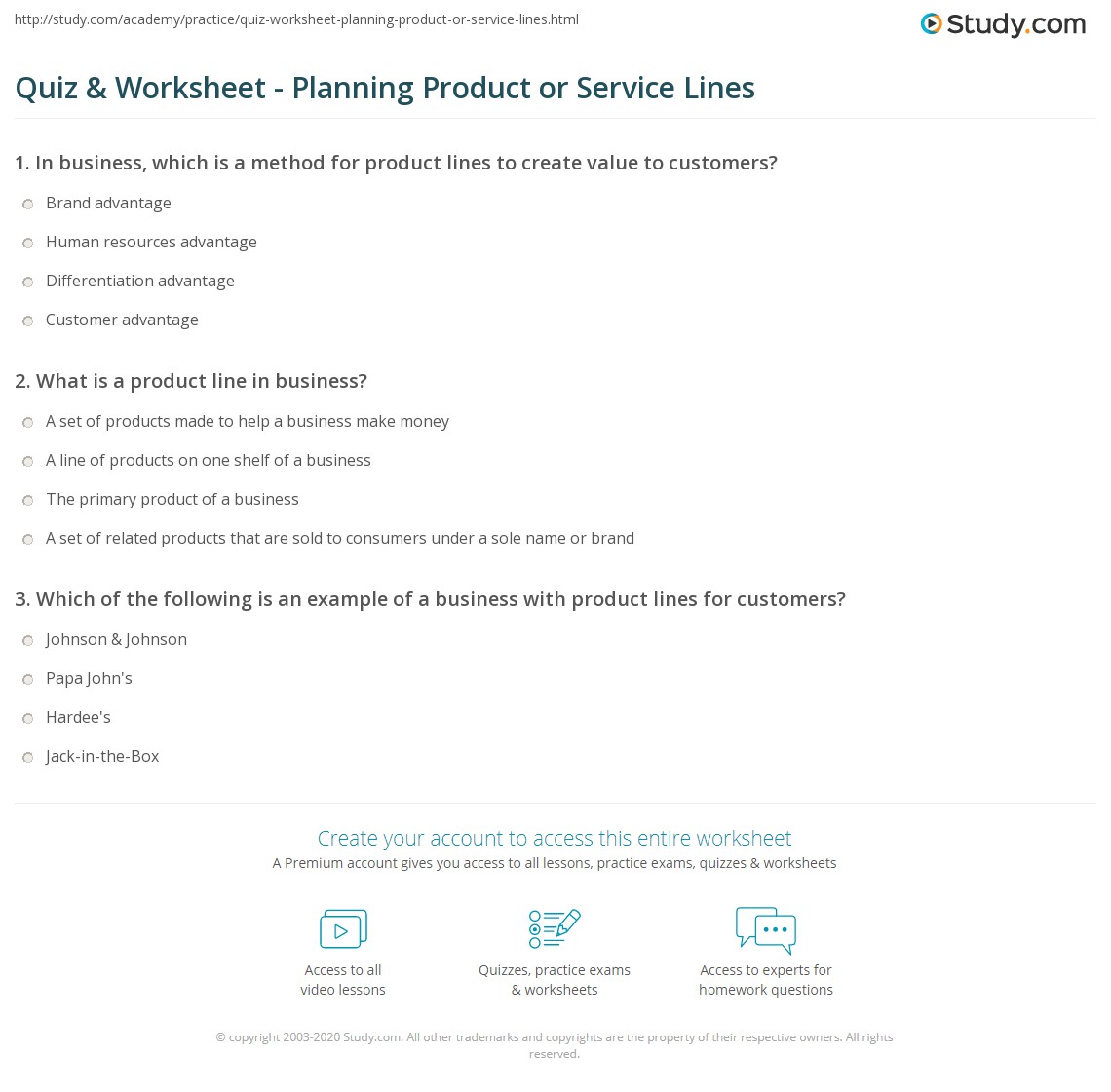 Quiz & Worksheet - Planning Product or Service Lines | Study.com