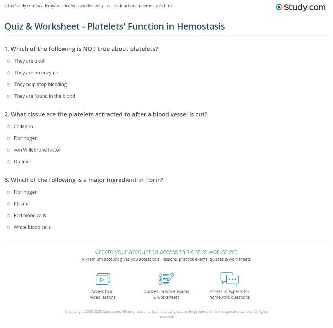 Quiz & Worksheet - Platelets' Function in Hemostasis | Study.com