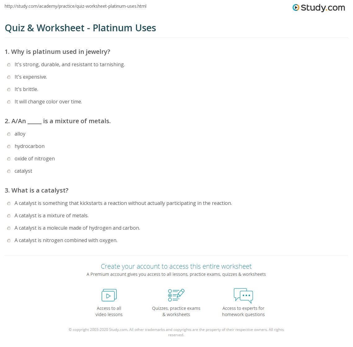 Quiz & Worksheet - Platinum Uses | Study.com