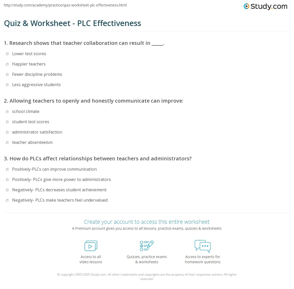 Quiz & Worksheet - PLC Effectiveness | Study.com