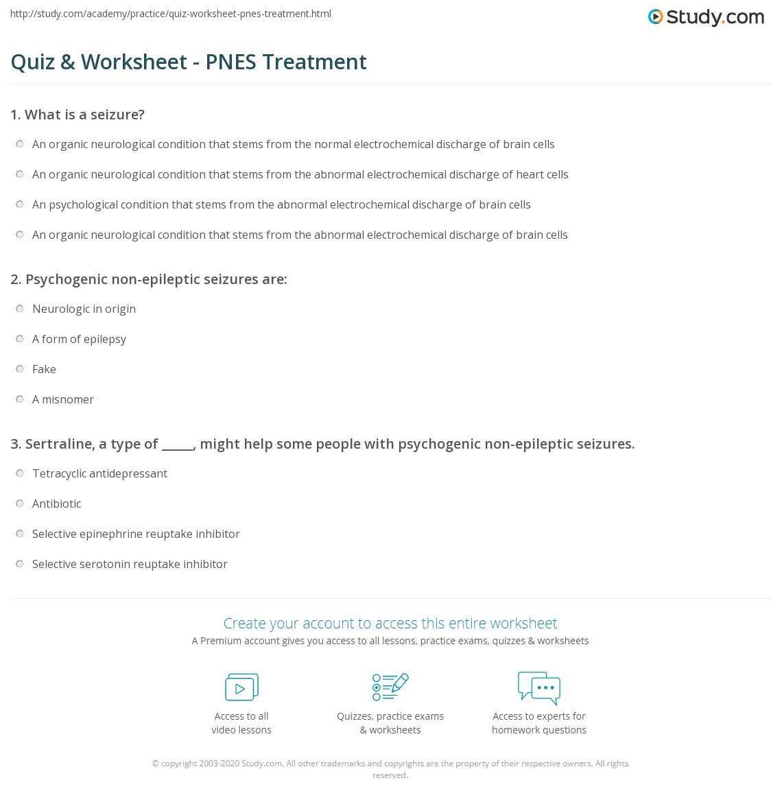 Quiz & Worksheet - PNES Treatment | Study.com