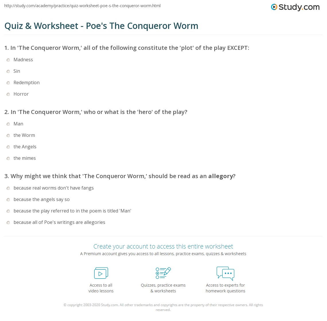 Quiz & Worksheet - Poe's The Conqueror Worm | Study.com