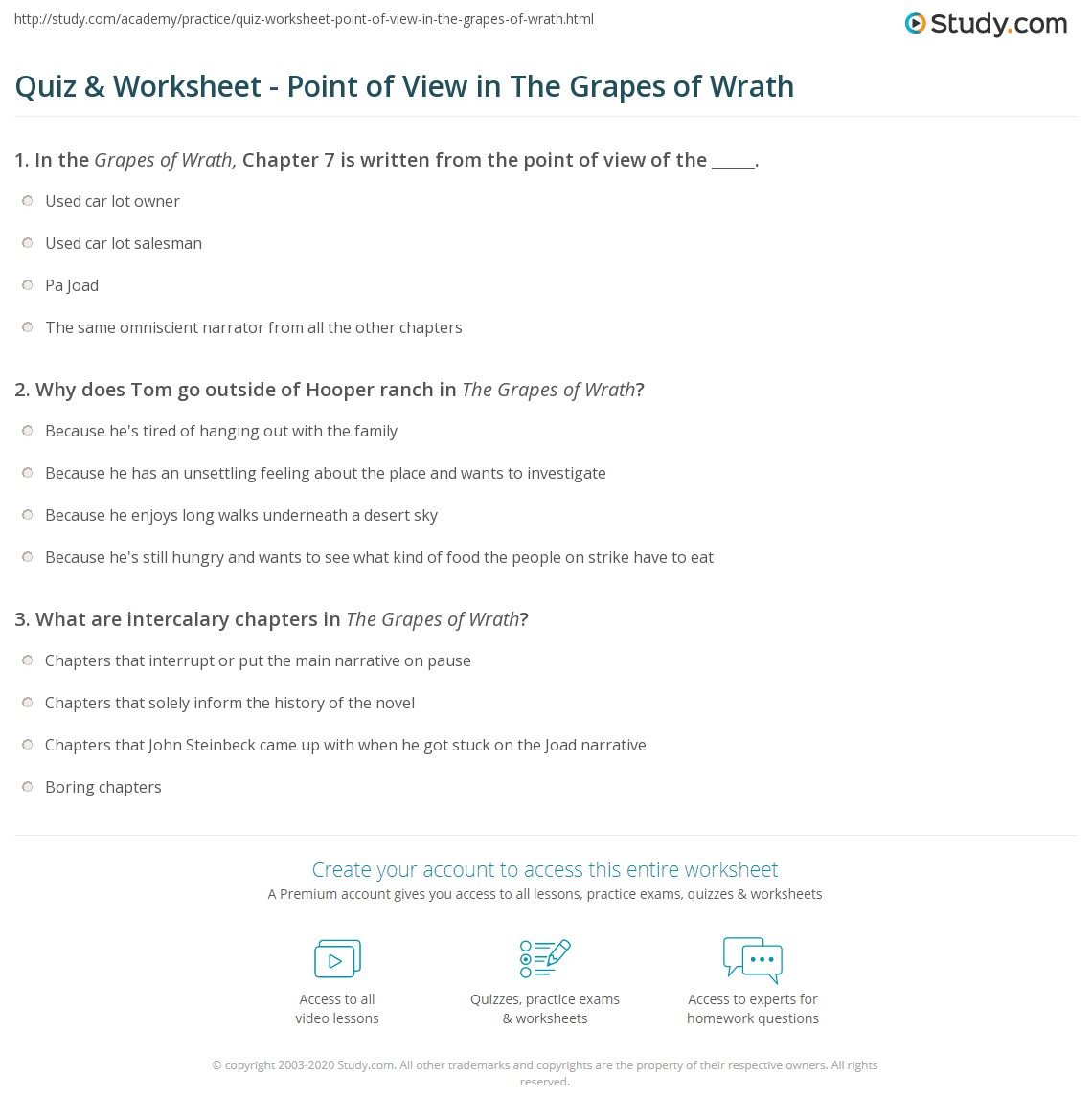 Quiz & Worksheet - Point of View in The Grapes of Wrath | Study.com