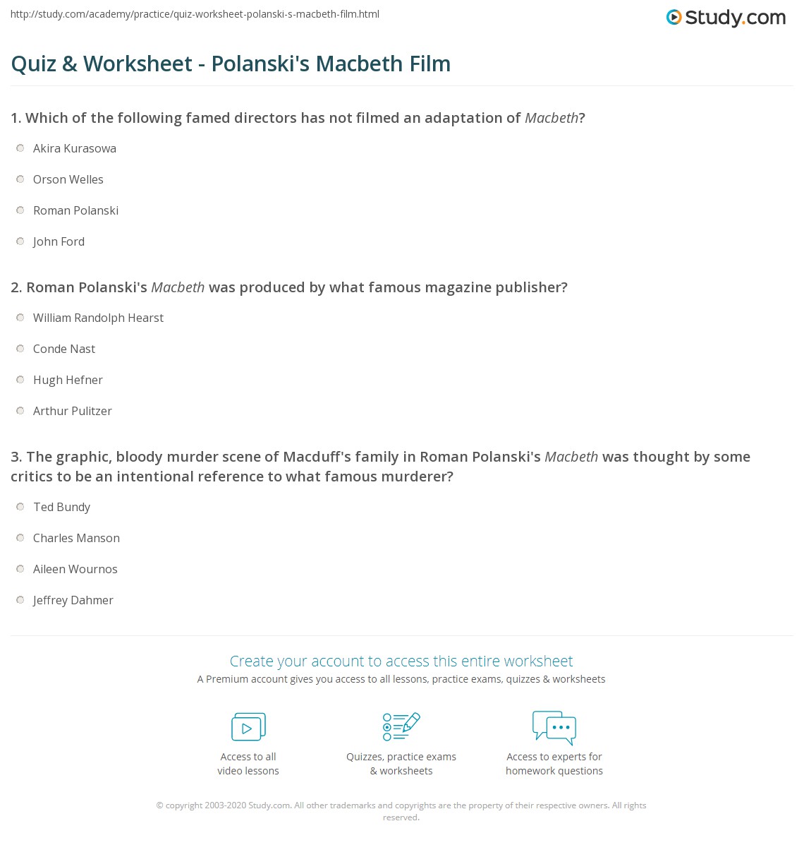 Quiz & Worksheet - Polanski's Macbeth Film | Study.com