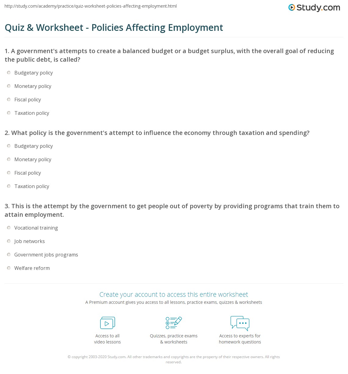 Quiz & Worksheet - Policies Affecting Employment | Study.com
