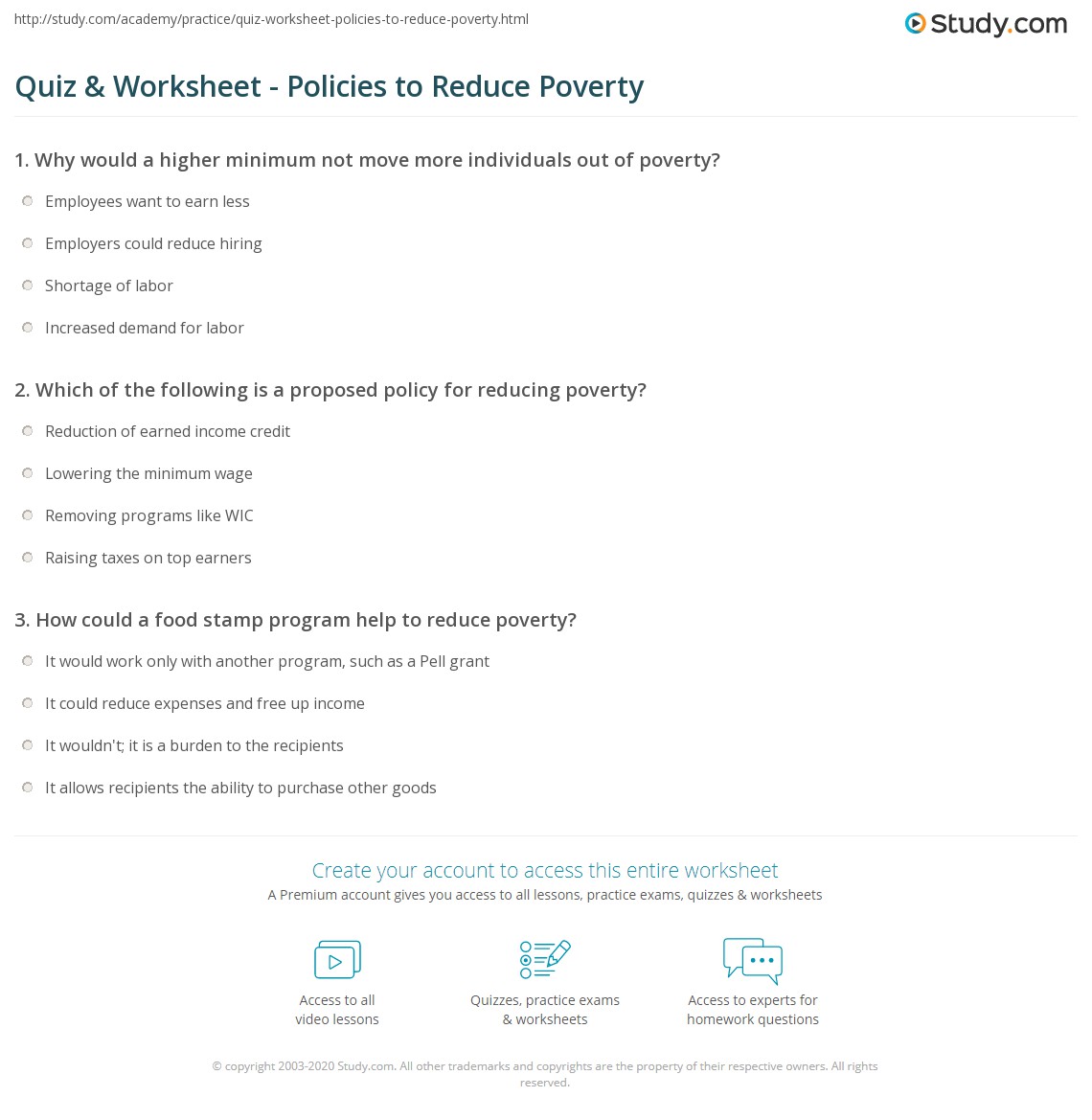 Quiz & Worksheet - Policies to Reduce Poverty | Study.com
