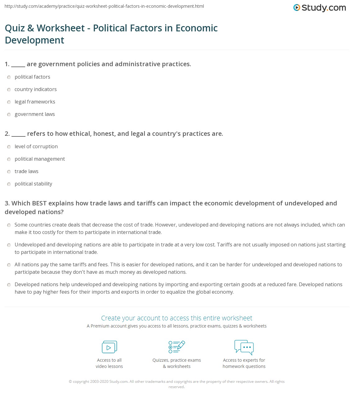 Quiz & Worksheet - Political Factors in Economic Development | Study.com