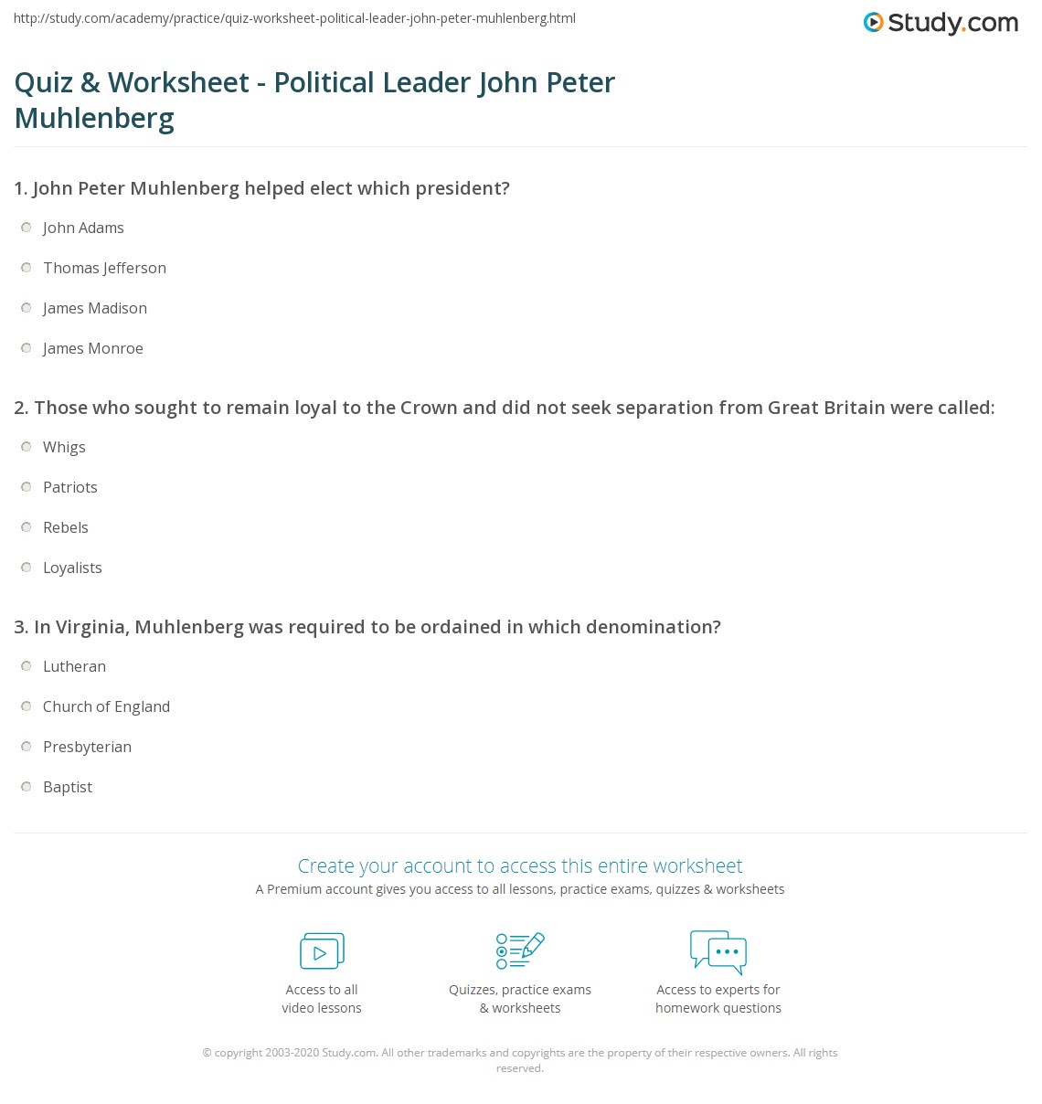 Quiz & Worksheet - Political Leader John Peter Muhlenberg | Study.com