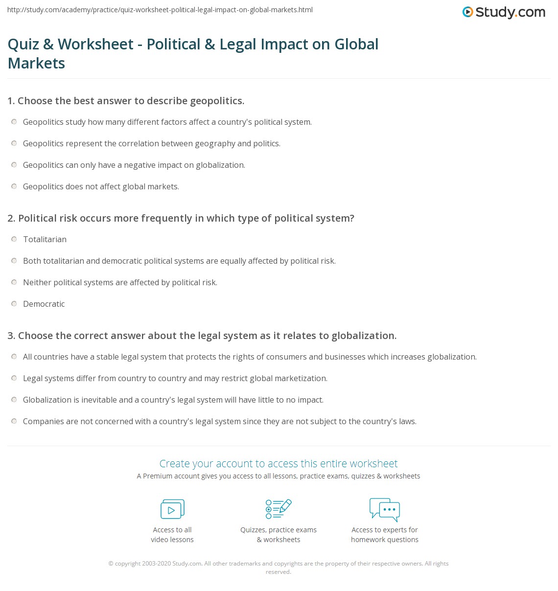 Quiz & Worksheet - Political & Legal Impact on Global Markets | Study.com