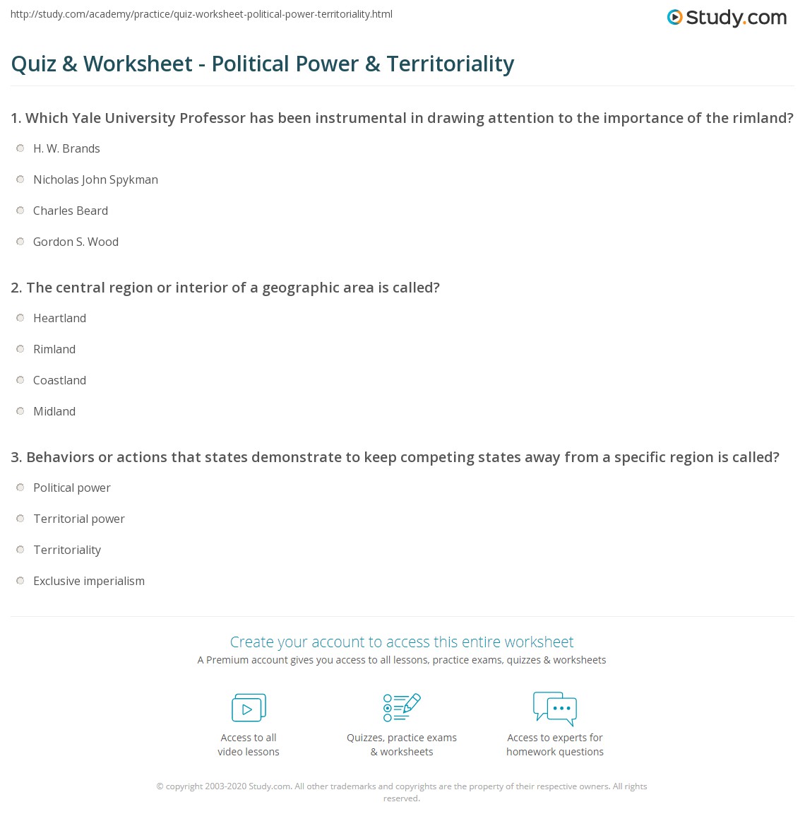 Quiz & Worksheet - Political Power & Territoriality | Study.com