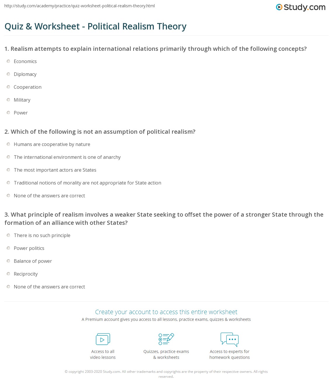 Quiz & Worksheet - Political Realism Theory | Study.com