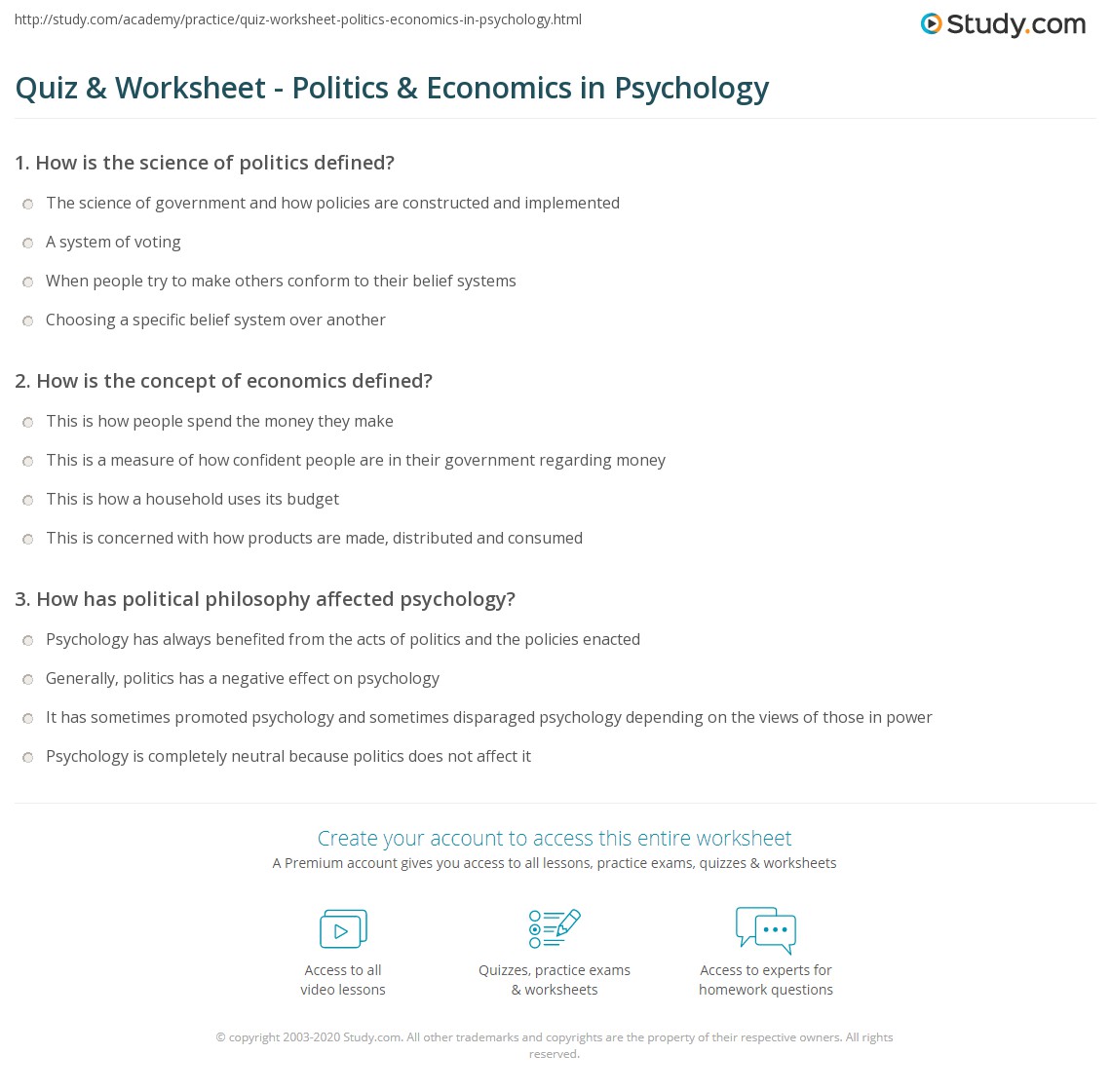 Quiz & Worksheet - Politics & Economics in Psychology | Study.com