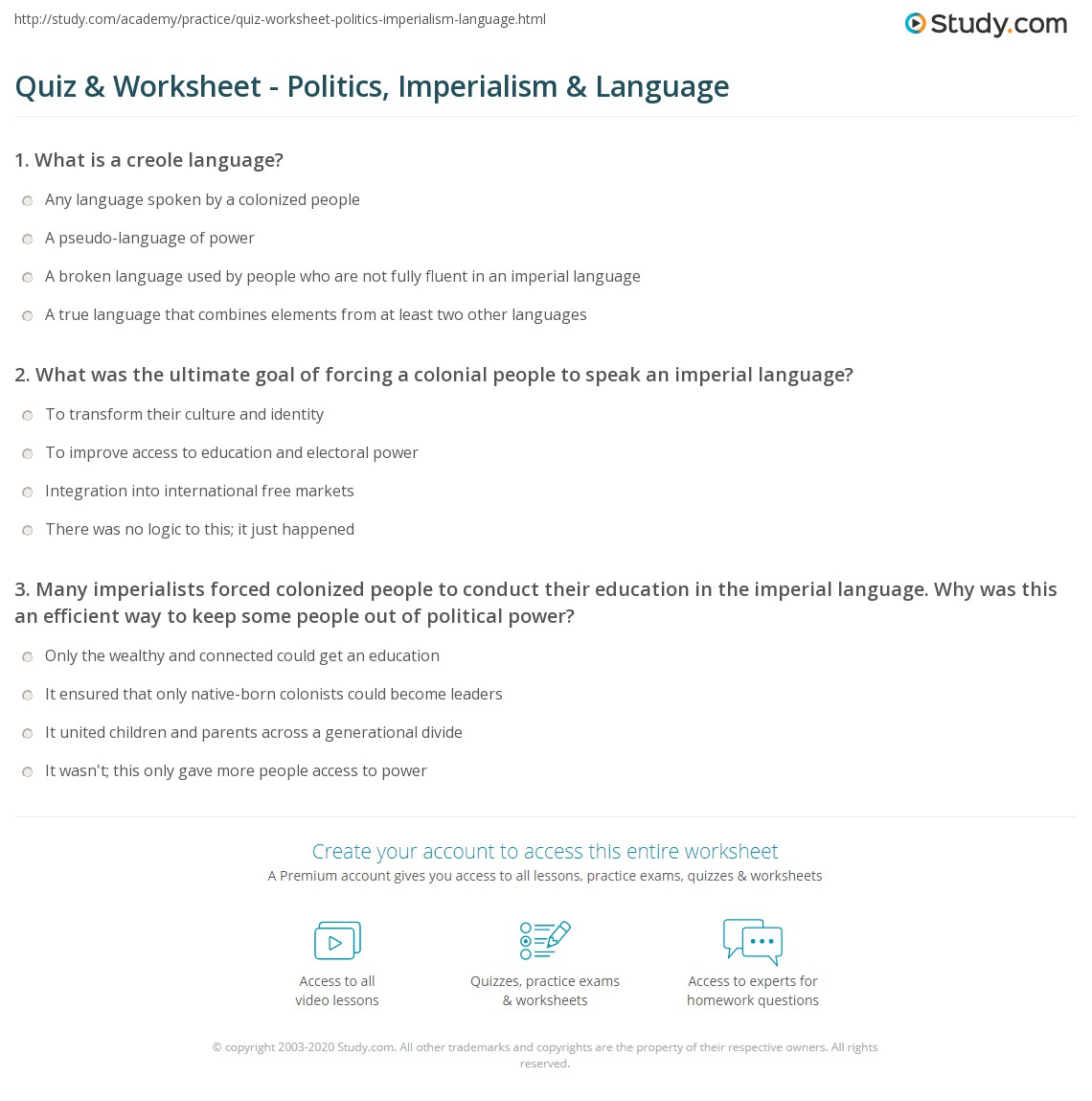 Quiz & Worksheet - Politics, Imperialism & Language | Study.com