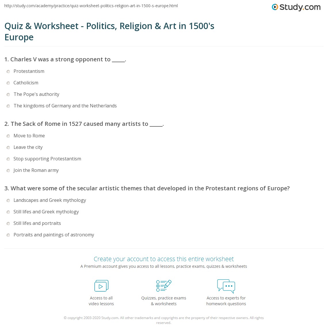 Quiz & Worksheet - Politics, Religion & Art in 1500's Europe | Study.com