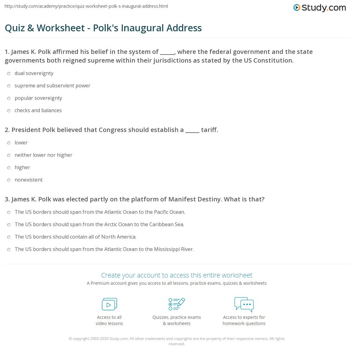 Quiz & Worksheet - Polk's Inaugural Address | Study.com