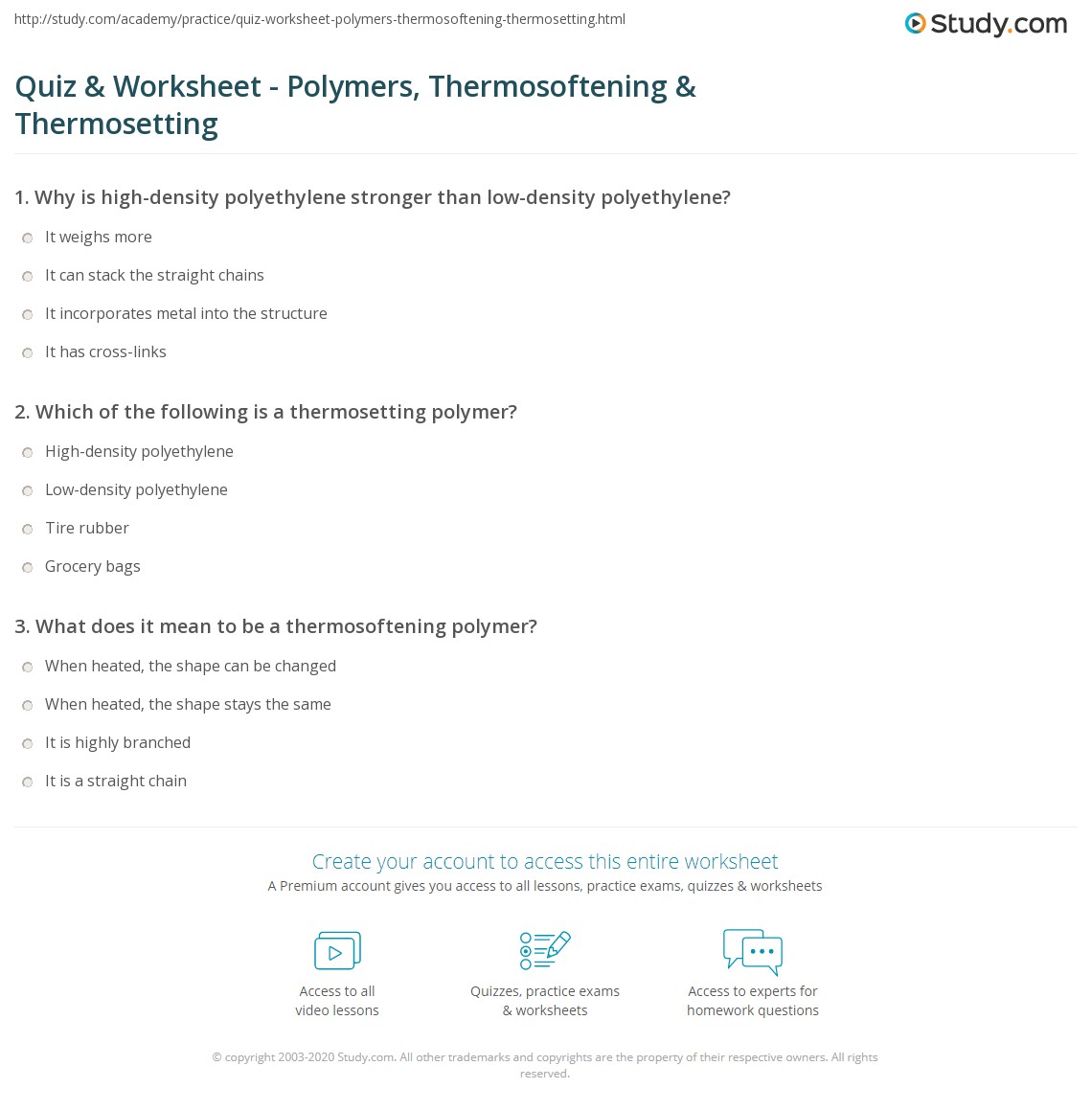 Quiz & Worksheet - Polymers, Thermosoftening & Thermosetting | Study.com