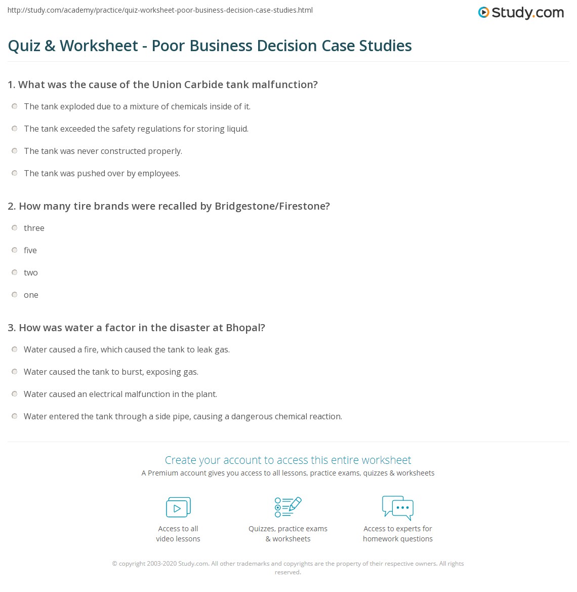 Quiz & Worksheet - Poor Business Decision Case Studies | Study.com