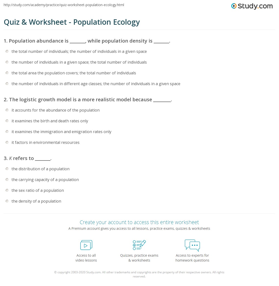 Quiz Worksheet Population Ecology Study Quiz Worksheet Population Ecology Study