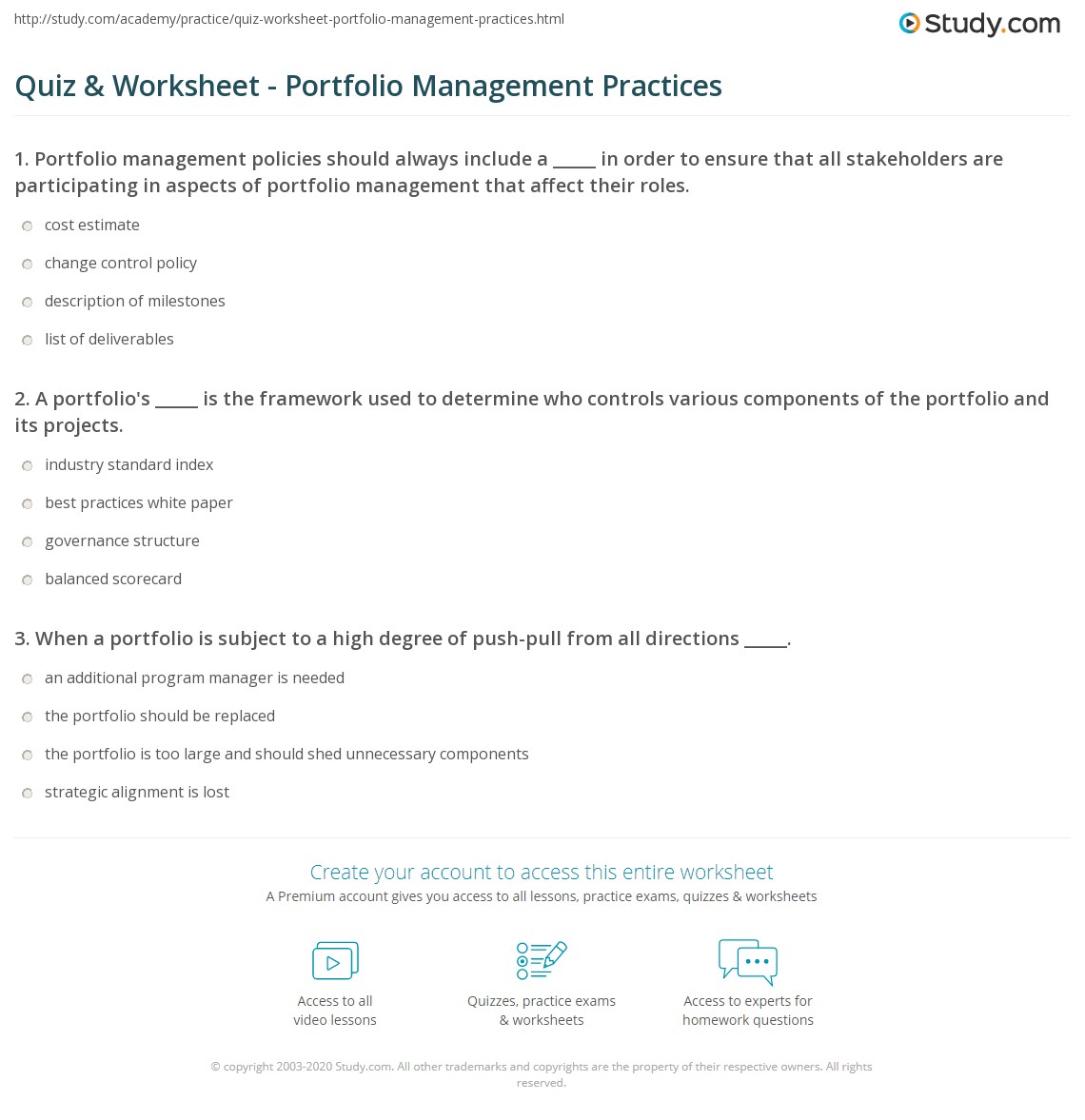 Quiz & Worksheet - Portfolio Management Practices | Study.com