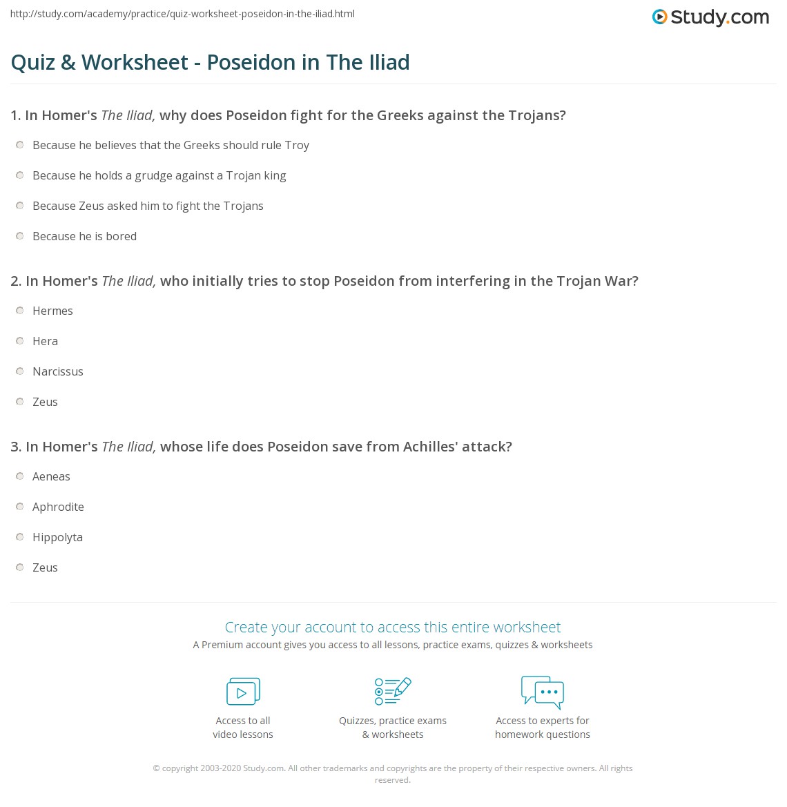 Quiz & Worksheet - Poseidon in The Iliad | Study.com
