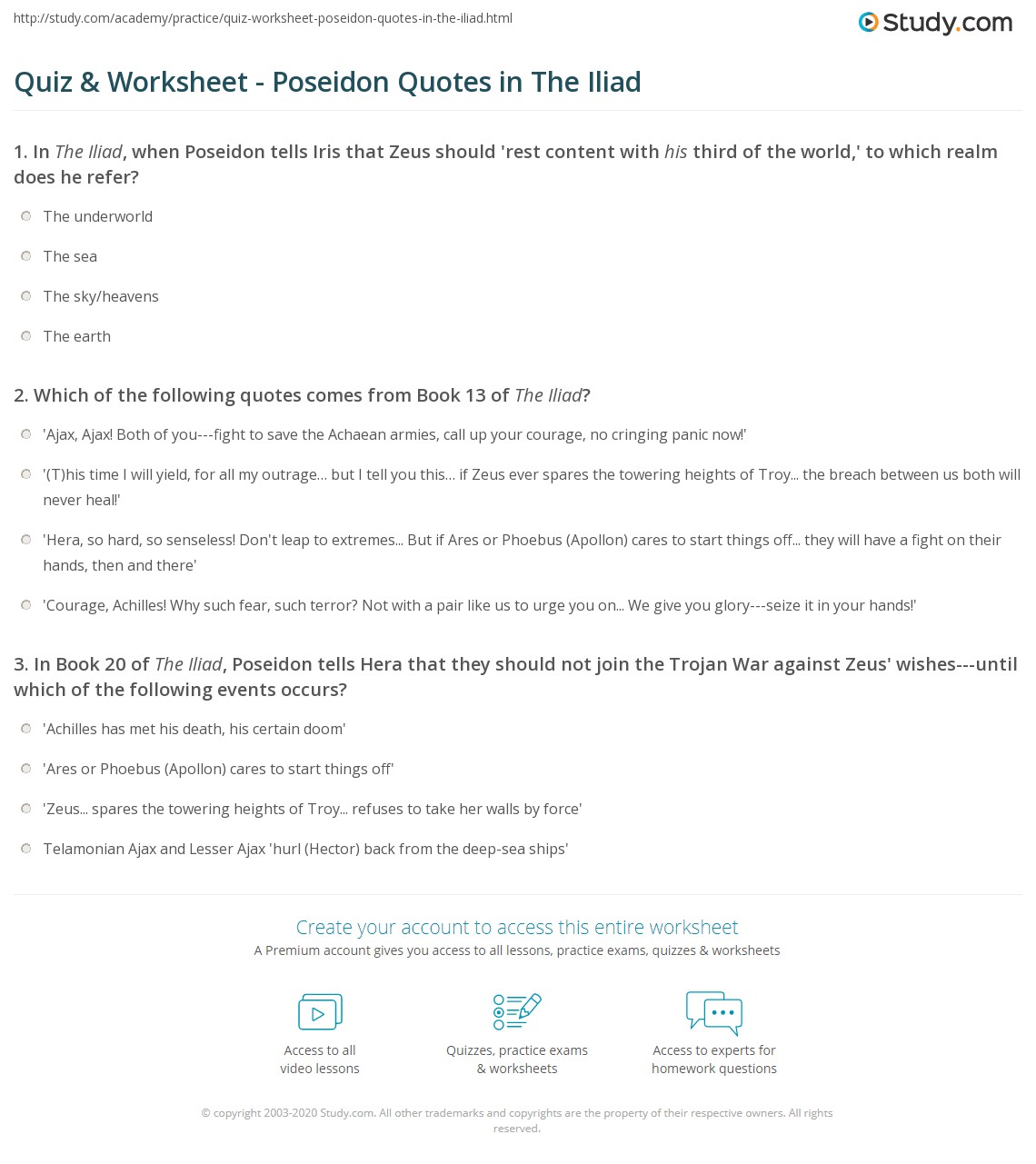 Quiz & Worksheet - Poseidon Quotes in The Iliad | Study.com