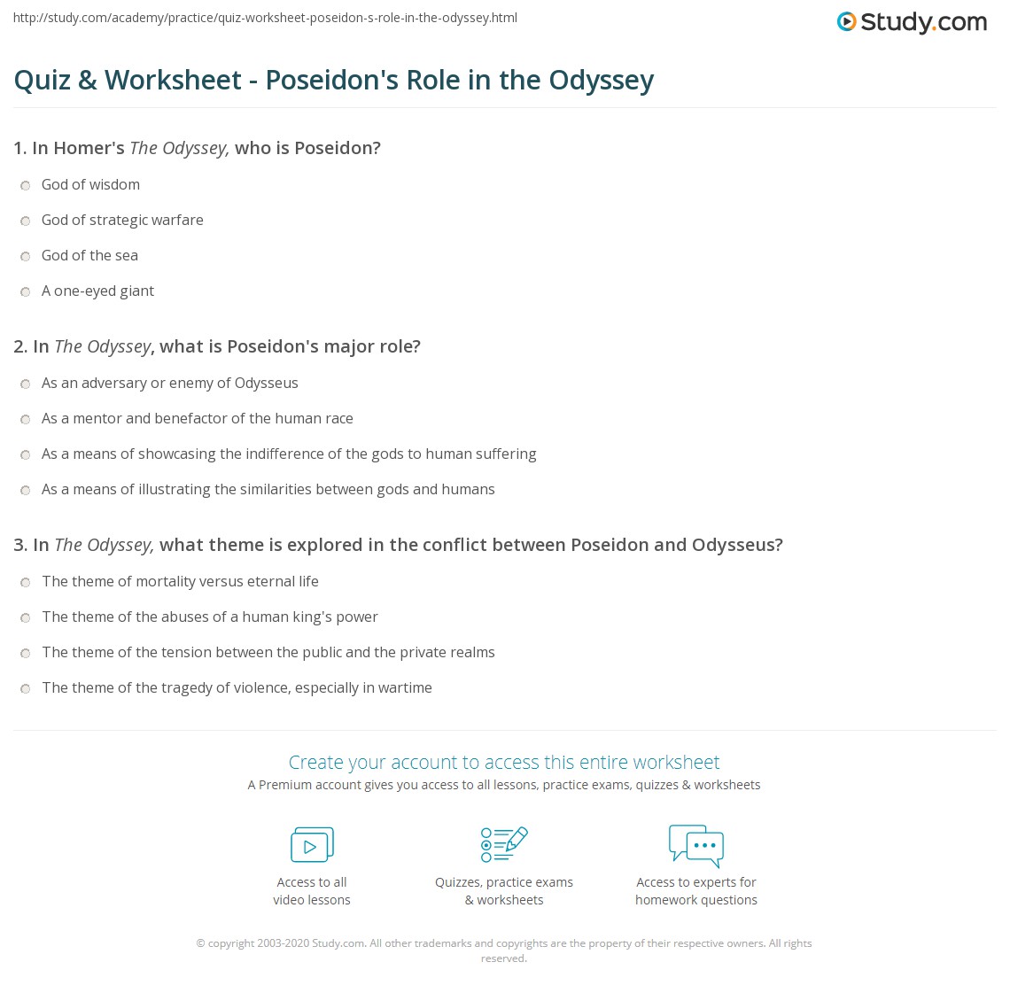 Quiz & Worksheet - Poseidon's Role in the Odyssey | Study.com