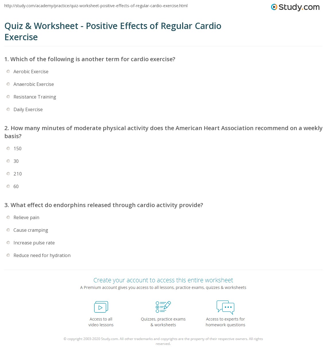 Quiz & Worksheet - Positive Effects of Regular Cardio Exercise | Study.com