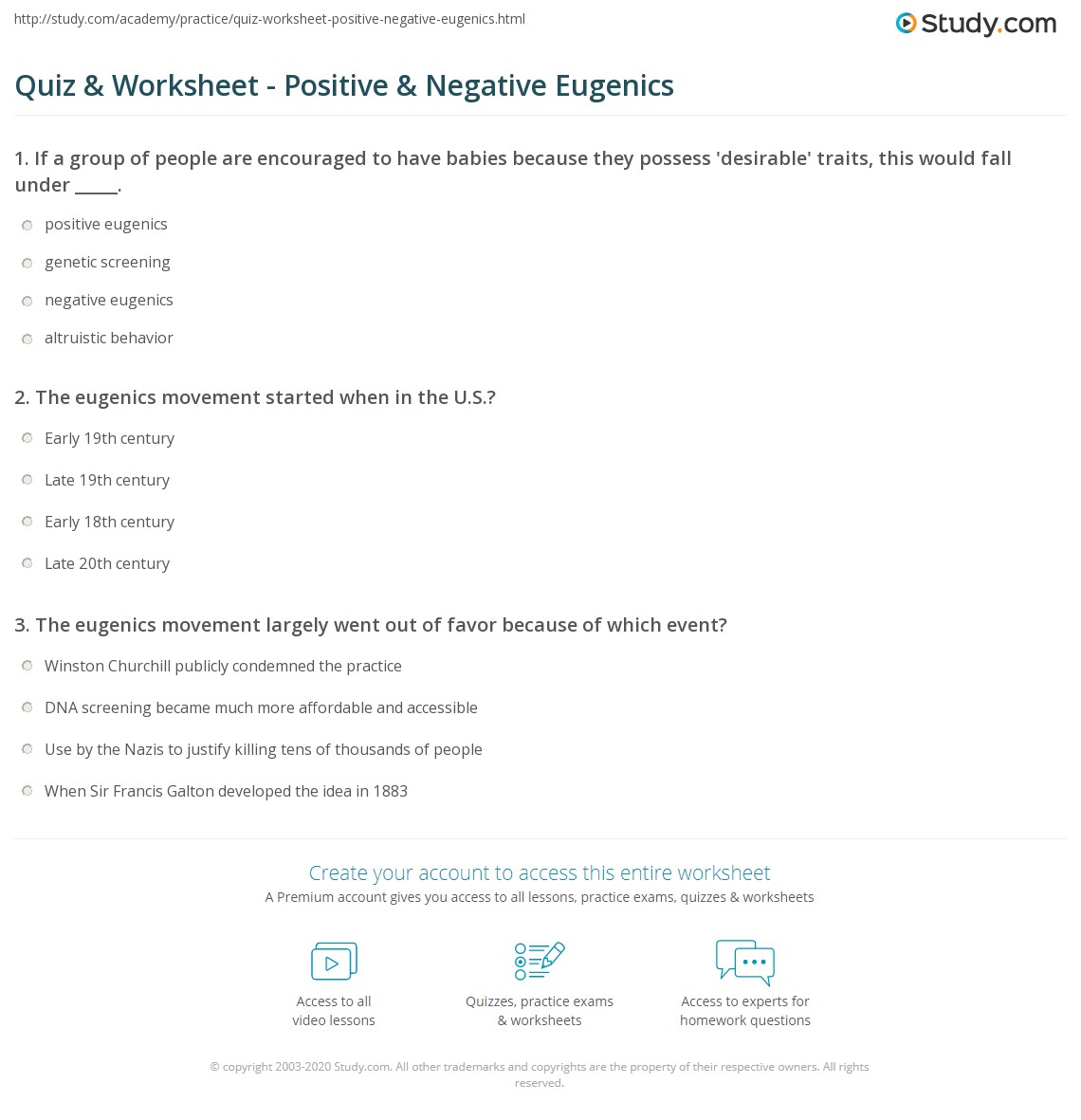 Quiz & Worksheet - Positive & Negative Eugenics | Study.com