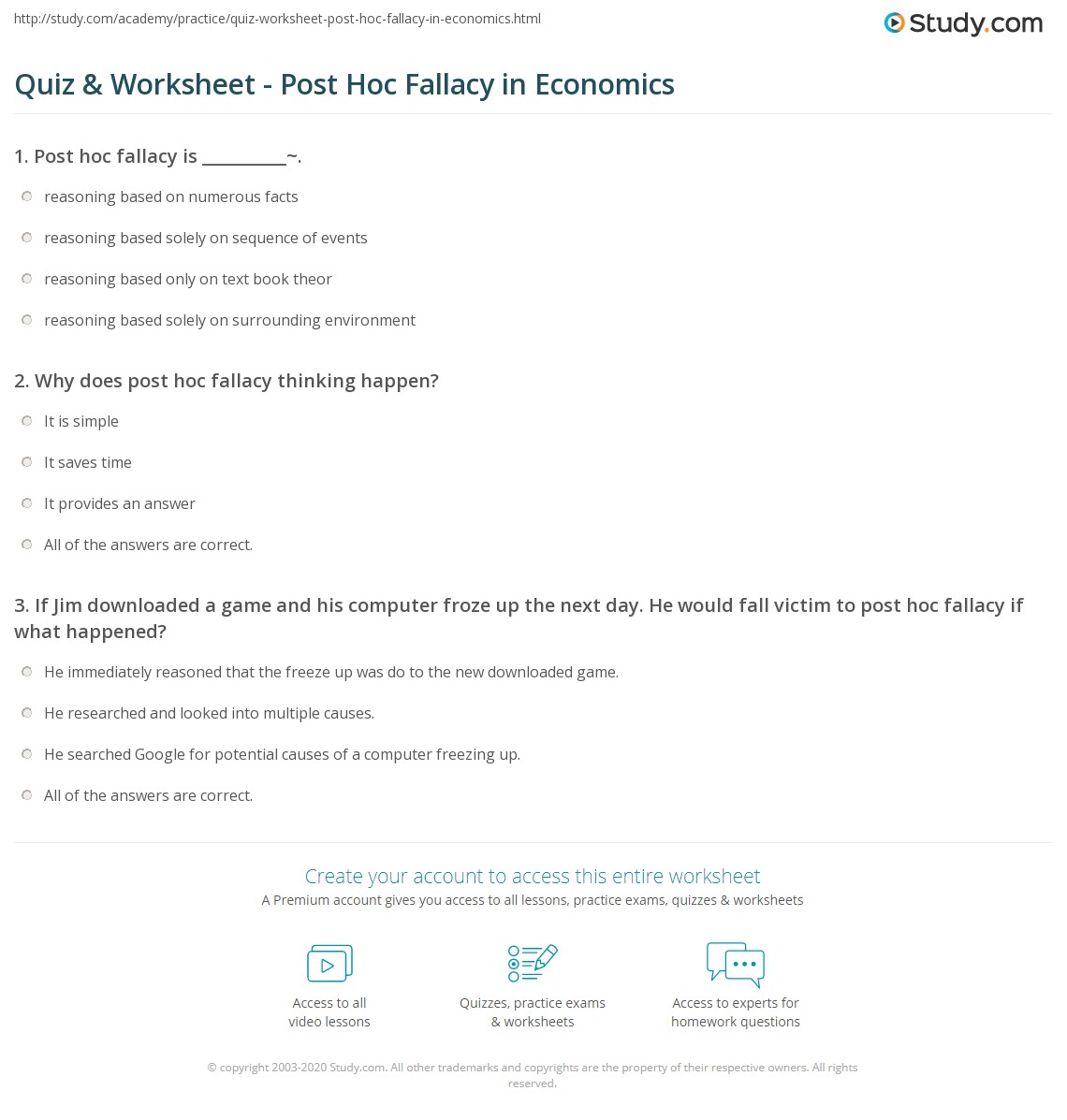 Quiz & Worksheet - Post Hoc Fallacy in Economics | Study.com