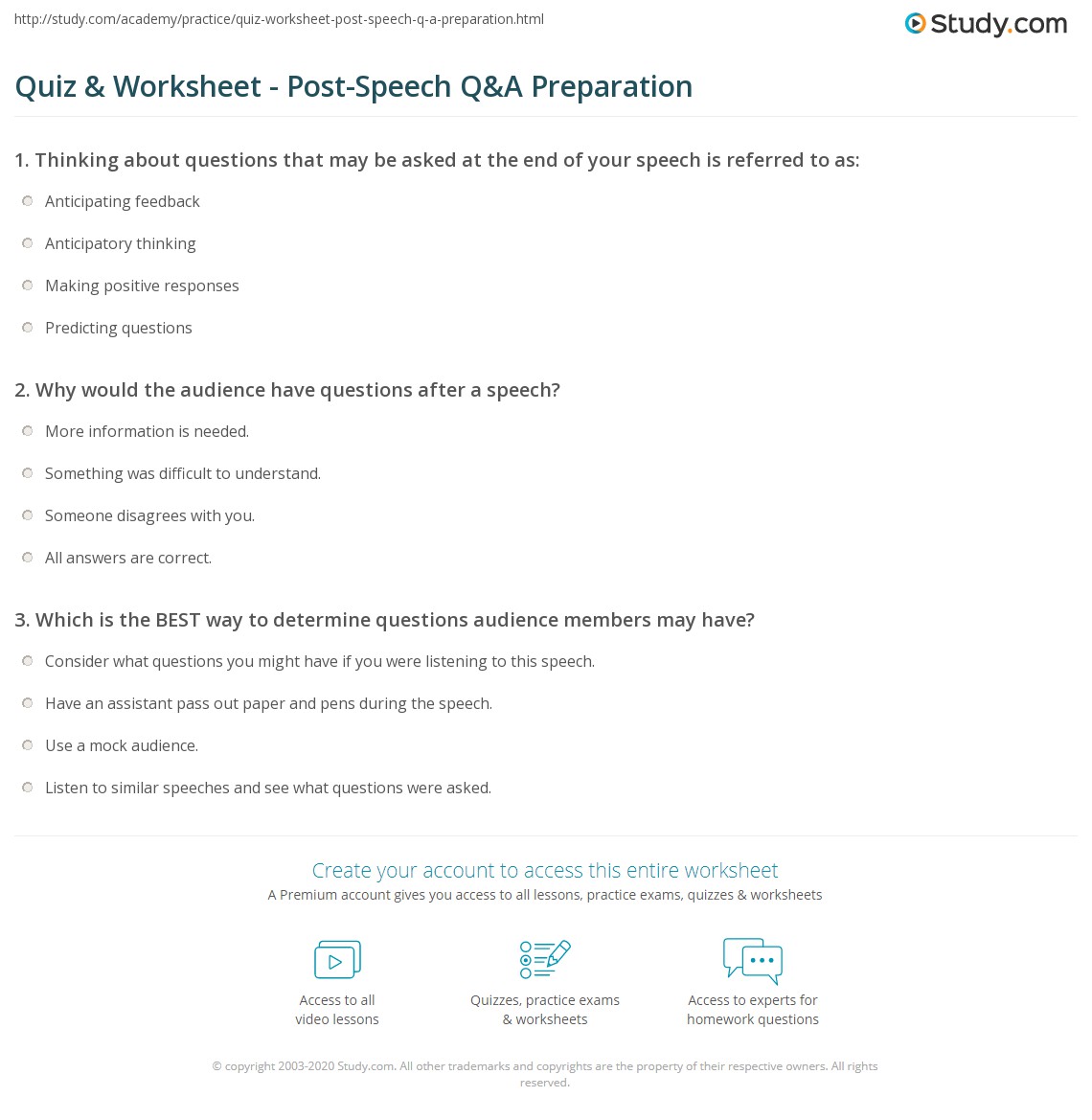 Quiz & Worksheet - Post-Speech Q&A Preparation | Study.com