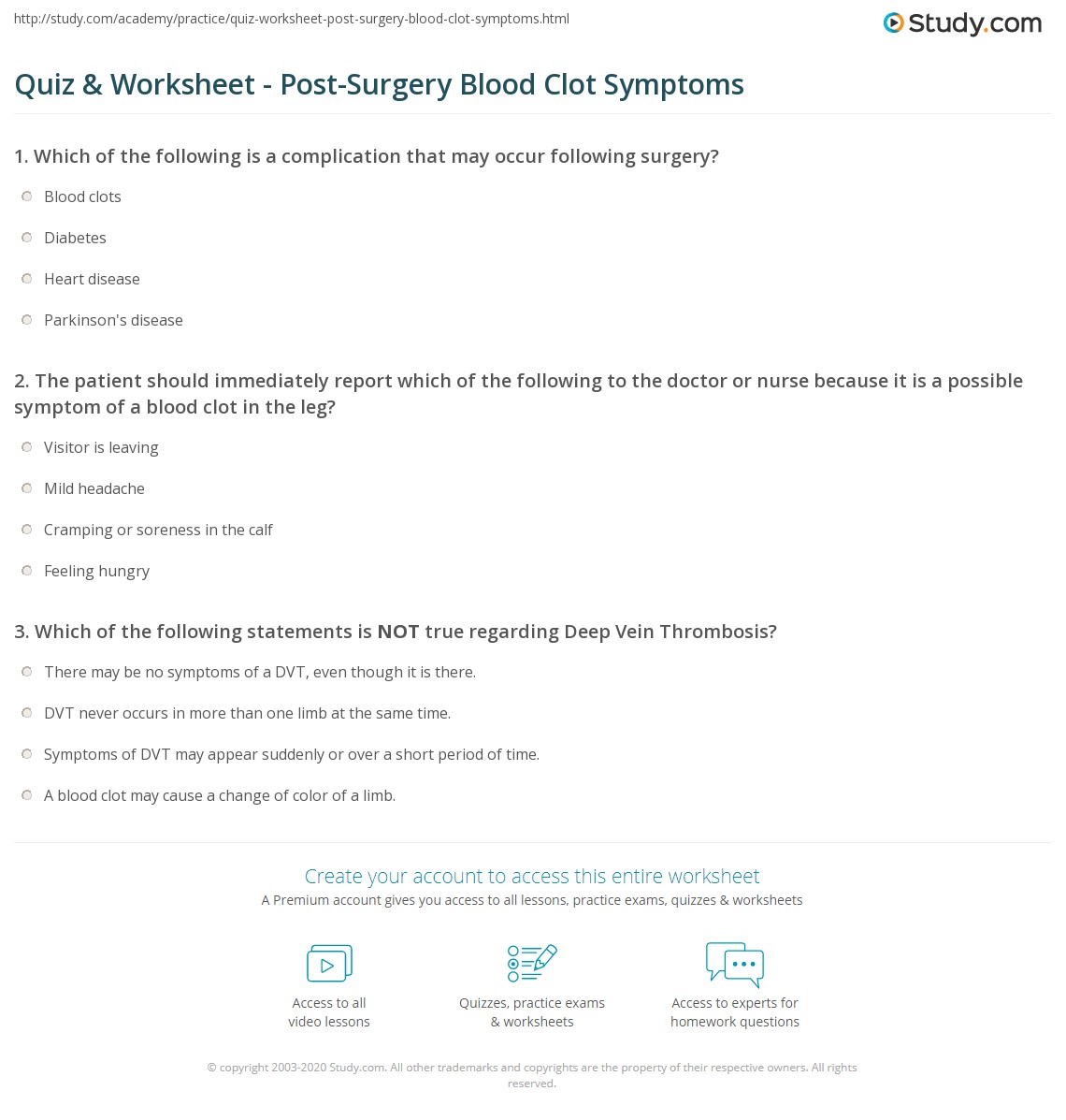 Quiz & Worksheet - Post-Surgery Blood Clot Symptoms | Study.com