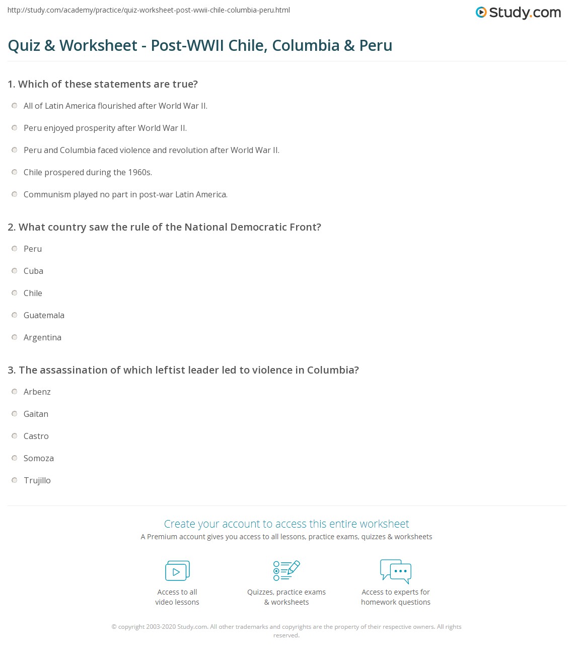 Quiz & Worksheet - Post-WWII Chile, Columbia & Peru | Study.com