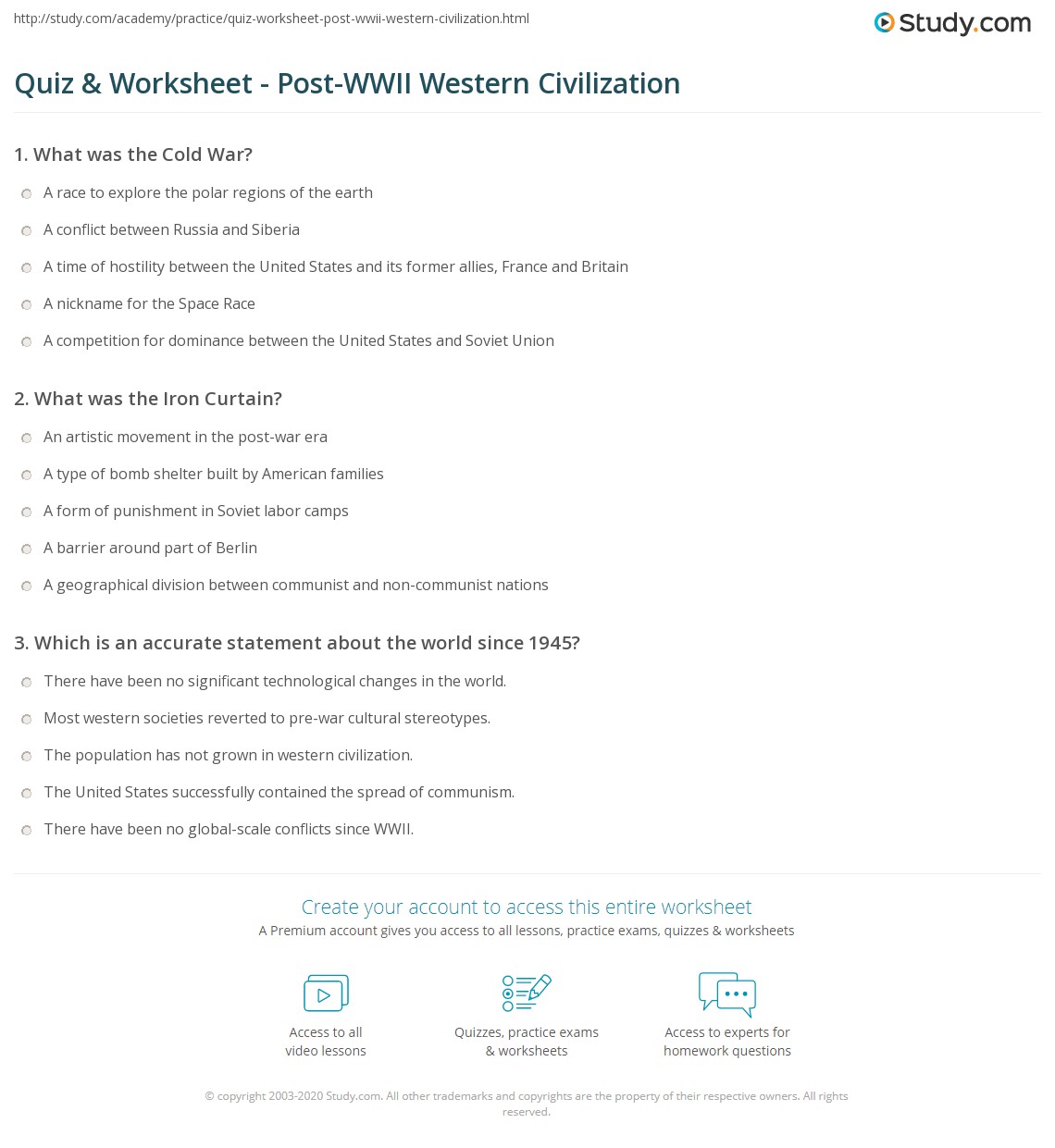 Quiz & Worksheet - Post-WWII Western Civilization | Study.com