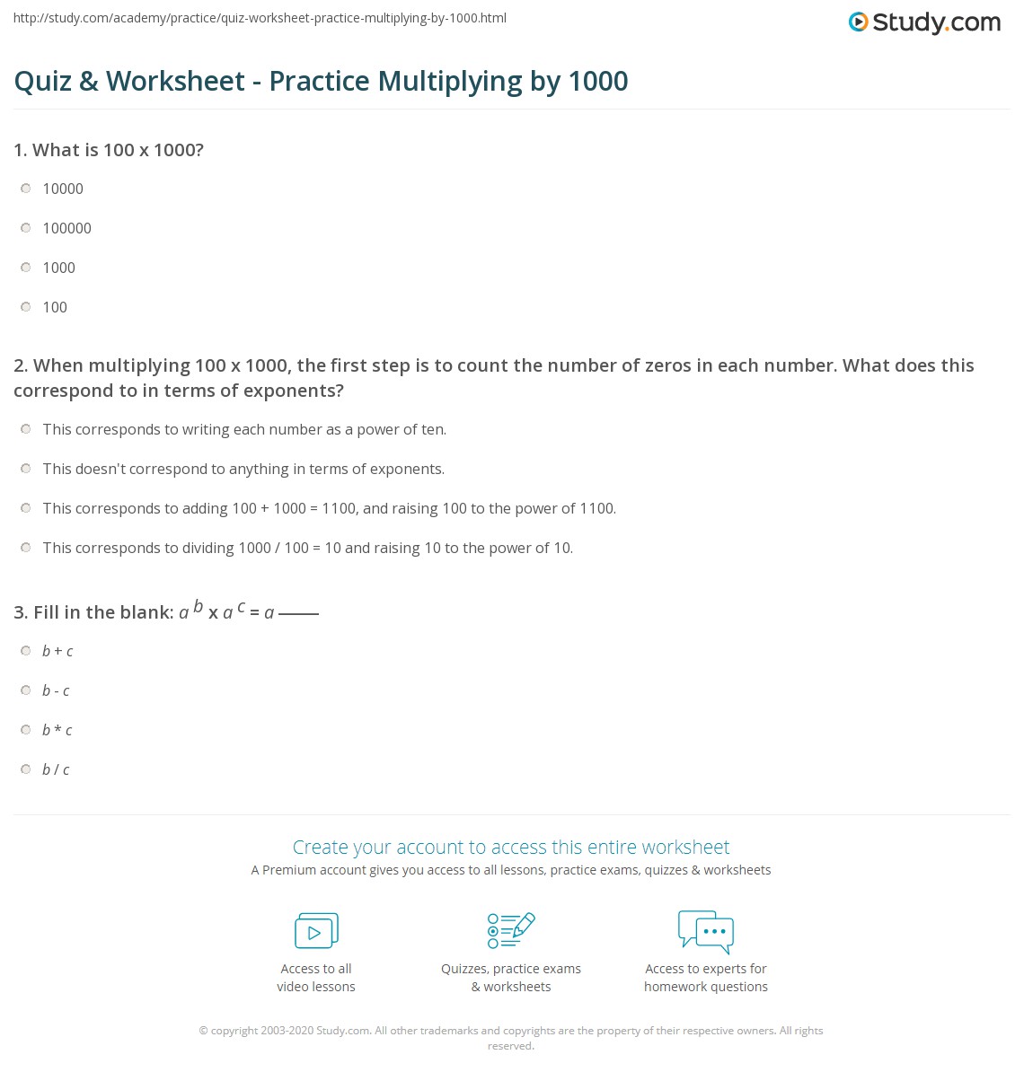 Quiz & Worksheet - Practice Multiplying by 1000 | Study.com