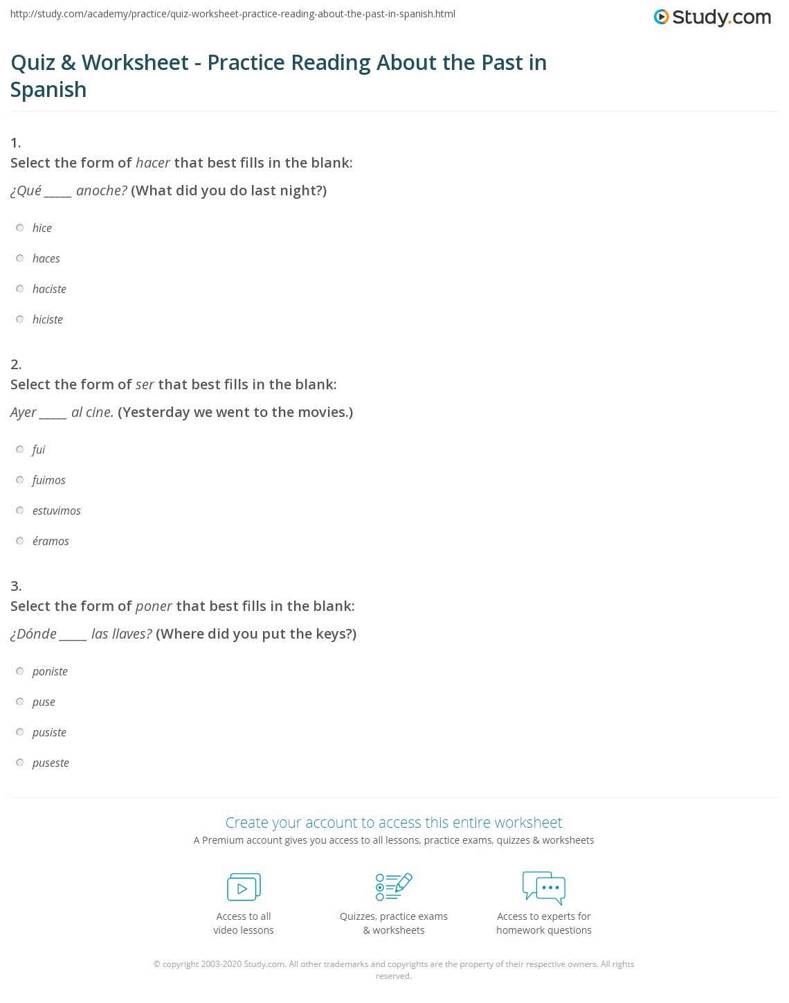 Quiz & Worksheet - Practice Reading About the Past in Spanish | Study.com