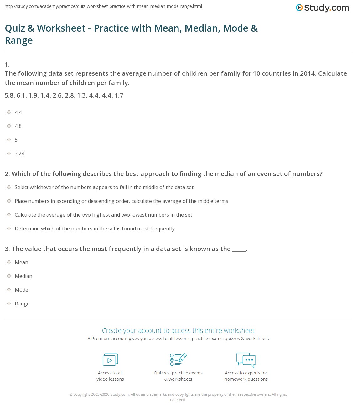 Quiz Worksheet Practice With Mean Median Mode Range Study