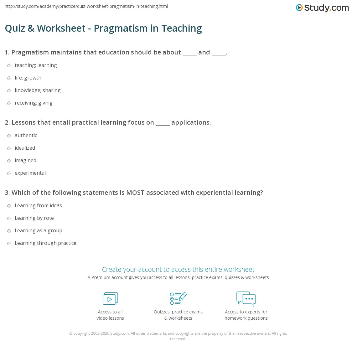 Quiz & Worksheet - Pragmatism in Teaching | Study.com