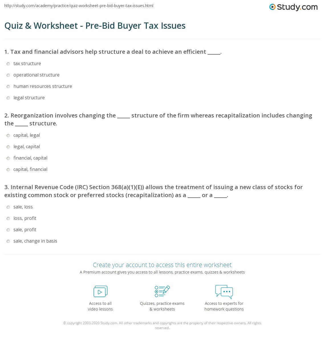 Quiz & Worksheet - Pre-Bid Buyer Tax Issues | Study.com