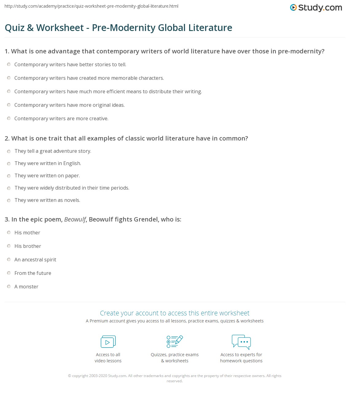 Quiz & Worksheet - Pre-Modernity Global Literature | Study.com