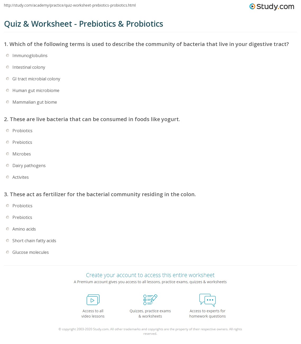 Quiz & Worksheet - Prebiotics & Probiotics | Study.com